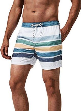 Maamgic Homme Short de Bains Maillot de Bain avec Filet Style Tropical Voyage Pants Court de Sport Séchage Vite Bien pour Vacance a la Plage, Rayures Clair, X