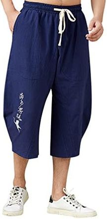Minetom Homme Été Pantalon en Lin Coton Lâche Capri Shorts Bermudas 3/4 Pantacourt Poches Baggy Cargo Pants Large Cordon de Serrage Grande Taille A Bleu 5XL