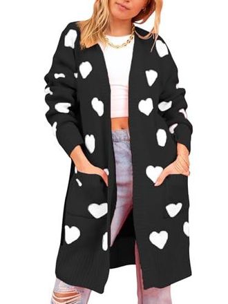 Generic Cardigan long pour femme, coupe d&eacute;contract&eacute;e, motif coeur mignon, col en V, ouvert sur le devant, manteau en tricot c&ocirc;tel&eacute; avec poches, noir, taille L
