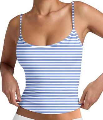 Generic D&eacute;bardeur pour femme - Bleu et blanc - Ray&eacute; - Gilet d&eacute;t&eacute; l&eacute;ger en coton - D&eacute;bardeur moulant - D&eacute;bardeur sans manches - Haut spaghetti, bleu clair, XXL