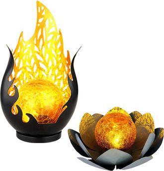 Globo Lighting Solarleuchte Flammen Design Au&szlig;en Solarblume Aussen Lotusblume Solar Crackle Glas, grau, LED Leuchtmittel, 1x Lotusblume 1x Flammen Design, 2er Set