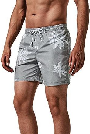 Maamgic Homme Short de Bains Maillot de Bain avec Filet Style Tropical Voyage Pants Court de Sport Séchage Vite Bien pour Vacance a la Plage, Gris Feuilles, X