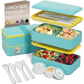 Umami Bento Lunch Box, Couverts & 2 Pots &agrave; Sauce Inclus, Bo&icirc;te &agrave; Lunch &Eacute;tanche, Lunchbox Adulte, Micro-Ondable, Bo&icirc;te Repas Compartiment&eacute;e, Turquoise Frais,