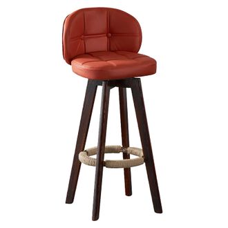 Generic Drehbarer Barhocker aus Leder mit gepolsterter R&uuml;ckenlehne und Sitzfl&auml;che, Beinen aus massivem Gummibaumholz, runder Fu&szlig;st&uuml;tze, K&uuml;cheninselstuhl im La