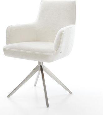 DELIFE Drehstuhl Heira-Flex mit Armlehnen Boucl&eacute; Soft Beige Kreuzgestell breit Edelstahl 360&deg; drehbar Wippfunktion Taschenfederkern, Esszimmerst&uuml;hle