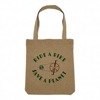 Fabulous Sac Shopping Tote Bag Aspect Lin - Ride a Bike Save a Planet V&eacute;lo Vert Ecologie - Sac de Courses Toile Epaisse 360g Beige Naturel Cabas Port&eacute; Epaule S