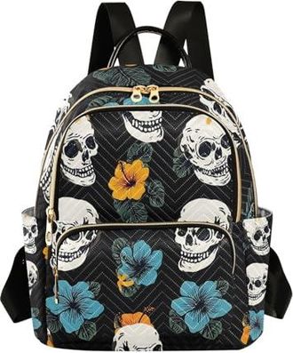 Mnsruu Mini sac à dos pour femme, motif tête de mort, squelette, fleur dhibiscus, petit sac à dos tendance décontracté, Multi962, M
