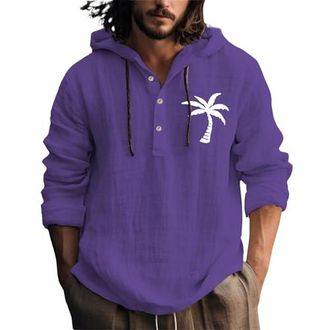 Generic Chemise en lin pour homme - En coton et lin - Boutonni&egrave;re - Manches longues - Avec capuche - Chemise d&eacute;contract&eacute;e confortable - Chemise d&eacute;t&eacute; l&eacute;g&egrave;re - 