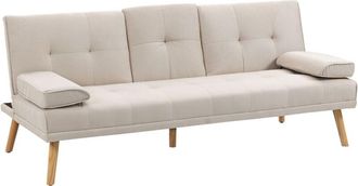 HOMCOM Schlafsofa, 3-Sitzer Sofa, Schlafcouch mit Klappbarem Tisch, Becherhalter, Bettsofa mit Leinenoptik, Couch Gästebet für Wohnzimmer, Beige