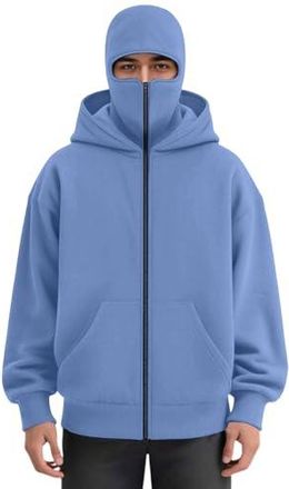 Generic Sweat &agrave; capuche Y2K &agrave; fermeture &eacute;clair pour homme - Veste double couche r&eacute;sistante au vent avec masque int&eacute;gr&eacute; pour le ski et la p&ecirc;che, bleu clair, S