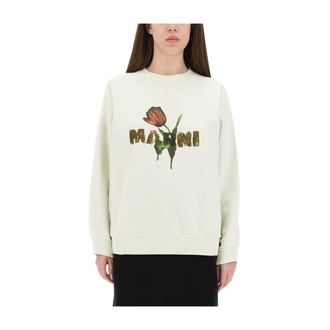 Marni Femme, Sweatshirts et sweats &agrave; capuche, Blanc, Taille: 38 FR SweaT-shirt en coton avec imprim&eacute; tulipes