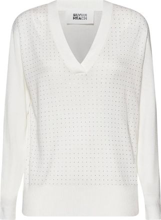Silvian Heach Femme, Pulls, Blanc, Taille: 36 FR Maille &agrave; col en V avec d&eacute;tail d&eacute;coratif
