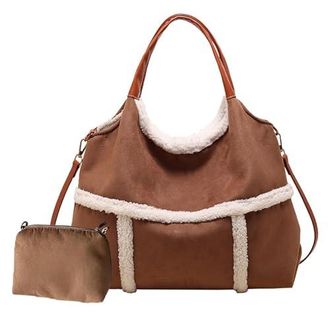 Generic Sac fourre-tout en daim avec doublure en fausse laine dagneau, sac &agrave; bandouli&egrave;re vintage de grande capacit&eacute; pour le travail et les voyages, marron, 24