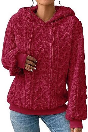 Generic Sweat à capuche épais pour femme - Grande taille - En peluche unie - Avec poche - Noir - Manches longues - Pull dhiver et dautomne, Rouge, XXL