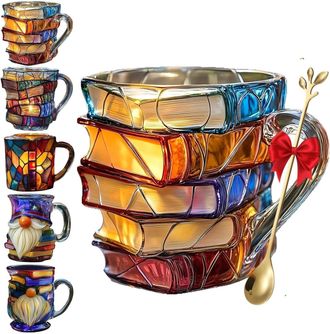 Generic Buchliebhaber-Tasse mit L&ouml;ffel, 325 ml, handbemalt, 3D-bemalt