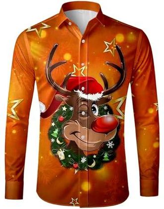 Generic Chemise No&euml;l Homme Manches Longues, T Shirt Moche Homme Imprim&eacute; 3D Drole Renne Col Rabattable Slim Fit Christmas Pull Moche De Noel Button Down D&eacute;cont