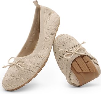 Dream Pairs Damen-Ballerinas, Faltbare Ballerinas f&uuml;r Frauen, Bequeme, leichte Schlupfschuhe aus Strick mit Schleife und runder Zehenpartie,Size 40.5,Nackt,DWUMFA