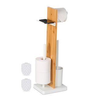 Relaxdays WC Garnitur, Bambus, HBT: 68x27x18 cm, freistehender Klopapierhalter, Ablage, Toilettenbürste, weiß/Natur