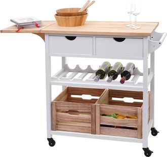 Mendler Servierwagen HWC-G35, Küchenwagen Rollwagen Küchenhelfer Beistellwagen Teewagen, Kiefernholz 89x119x41cm - Natur-weiß