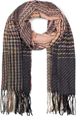 styleBREAKER Damen Feinstrick Schal mit bunt gestreiftem Zick-Zack Muster und Fransen, warme Winter Stola mehrfarbig 01017149, Farbe:Altrose-Dunkelgrau