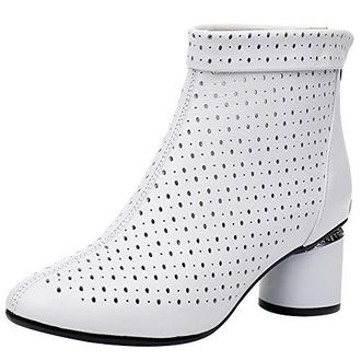 Jamron Femmes Élégant Bloc Talon Bottines Respirant Évidé Été Bottes Chukka Escarpin Blanc SN02542 EU38.5