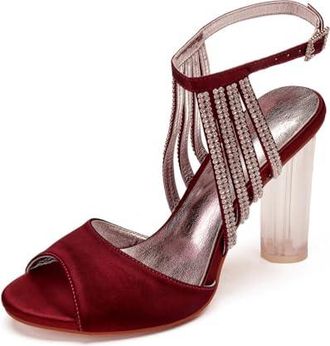 Generic Chaussures De Mariage Sandales À Talons Épais en Satin À Bout Ouvert Femme Mariée Bureau Travail Soir Hauts Sandale10.5Cm,Burgundy,38 EU
