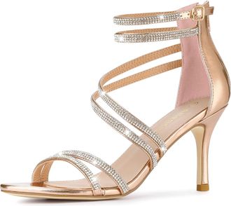Allegra K Damen Kn&ouml;chelriemen Strass Stiletto Absatz Sandalen, Ros&eacute;gold, 39 EU