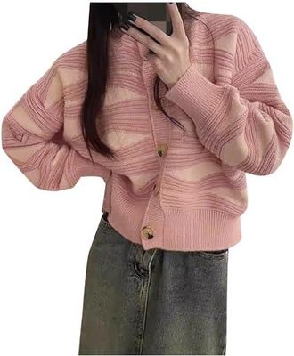 Generic Vestes pour femmes 2026 design haut de gamme col rond imprim&eacute; contrast&eacute; automne et hiver pull tendance veste cor&eacute;enne tricot court mince, rose, Taille