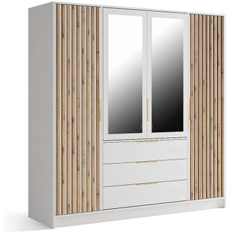 Vente-Unique Armoire 4 portes et 3 tiroirs - Avec miroir - L196 cm - Coloris : Naturel et Blanc - LIRMADA