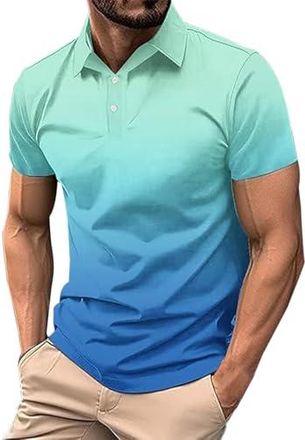 Generic Polo de golf à manches courtes pour homme - Dégradé de couleur 2025 - Décontracté - Col en V - Boutonné - Haut dentraînement de gym, Polo bleu ciel po