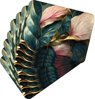 MG Design Set aus 8 Kork-Platzsets - Leaves with Gold 1 - 30 x 40 cm - hitzebeständig & abwischbar, mit Korkrückseite