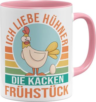 OM3 witzige Tasse mit Spruch - Ich Liebe H&uuml;hner Die Kacken Fr&uuml;hst&uuml;ck | Keramik Becher | 11oz 325ml | Beidseitig Bedruckt | Rosa