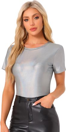 Allegra K Damen Party Metallic Strukturiertes Kurzarm Gl&auml;nzendes Multicolor TopHellgrau X-Small