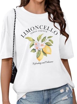 Heekpek T-shirt surdimensionn&eacute; pour femme - Col rond - Manches courtes - T-shirt d&eacute;t&eacute; en coton imprim&eacute; - T-shirt avec motif imprim&eacute; citron - D&eacute;contract&eacute; - D&eacute;c