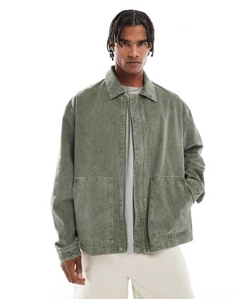 Asos Blouson Harrington en velours côtelé - Vert délavé-Marron