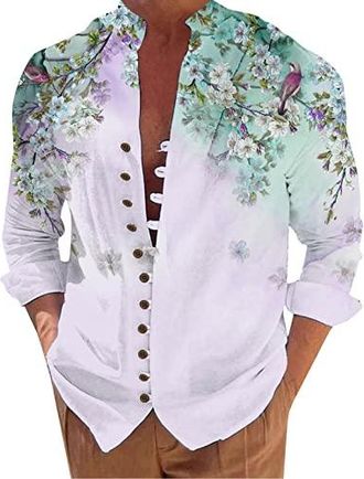 Generic Chemise Homme Jean - Mens Holiday Seaside Leisure Loose Button Stand Collar Digital 3D Printed Shirt Long Sleeve Classiques pour Hommes