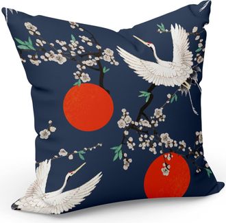 Fabulous Kissen Kissenbezug 40x40 cm Japanese Crane Red Illustration Japanisch Traditionell