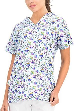 B-Well Bambina Tunique &agrave; Enfiler, avec Manches Courtes, col en V et Motifs, Peut &ecirc;tre utilis&eacute;e dans Le domaine m&eacute;dicale, pour Femme, Chouettes Blanches, XS