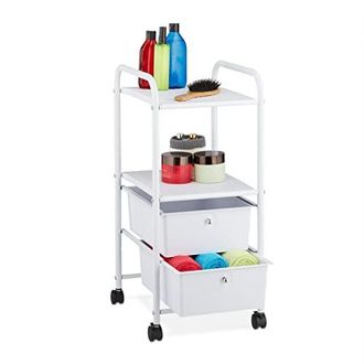 Relaxdays Badrollwagen, 2 Schubladen, Metall & Kunststoff, Rollcontainer Bad, Kosmetik, HBT: 74 x 33,5 x 39 cm, wei&szlig;