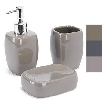 MSV Lot dAccessoires Salle de Bains 3 pièces Céramique - Distributeur de Savon, Porte Savon, Gobelet - Taupe