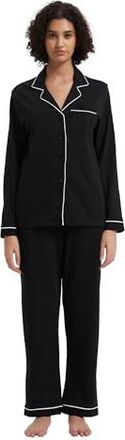Global Ensemble de Vêtements de Nuit Longs en Coton pour Femme, Chemise à Manches Longues avec Poche, Bas de Pyjama, Ensemble Deux Pièces Noir XXL