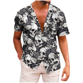 Jamicy Hawaii Hemd M&auml;nner Strand Hemden Sommer Kurzarmhemd Totenkopf Grafik Drucken Streetwear Tshirt Tops Y2K Oberteile Baumwolle Kleidung Jungen Mode Hemd 