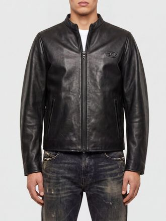 Diesel Blouson en cuir dagneau lisse avec col rond et logo Oval D