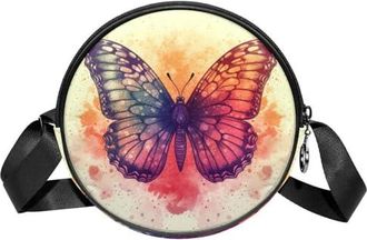 Generic Sac &agrave; bandouli&egrave;re rond pour femme, motif papillon vintage, petit sac &agrave; bandouli&egrave;re avec fermeture &eacute;clair, bretelles r&eacute;glables, sac &agrave; main rond d&eacute;contr