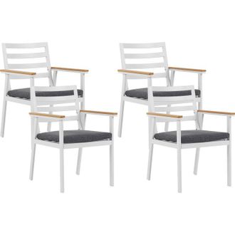 Beliani Beliani - Lot 4 Chaises de Jardin en Aluminium Blanc avec Coussins Gris et Accoudoirs Effet Bois Parfaites pour 4 Personnes et Ext&eacute;rieur Scandinave