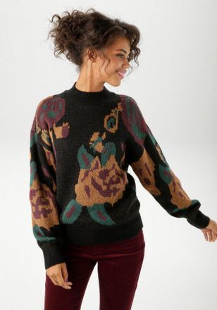 Aniston Strickpullover mit gro&szlig;fl&auml;chigen, eingestrickten Bl&uuml;ten
