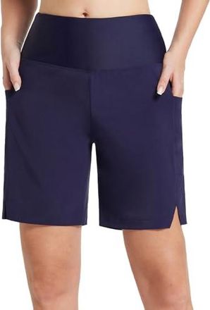 Baleaf Short de Bain Long pour Femme - Séchage Rapide - Protection UV UPF 50+ - Taille Haute - avec Slip intérieur et Poches, Bleu foncé, XL