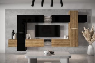 Furnitech Wohnwand Wohnzimmer - Wohnzimmer Möbel mit LED RGB - 16 Farben - Hängend Wohnwand Modern - Wohnzimmer Schrankwand mit Regale und TV Schrank (AN91NEW-2