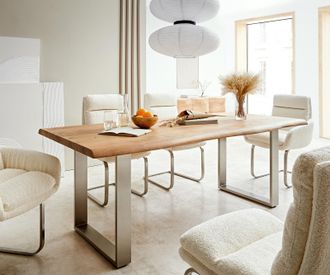 DELIFE Esstisch Edge 200x100 XL Akazie Natur Edelstahl Schmal Live-Edge, Esstische, Baumkantenmöbel, Massivholzmöbel, Massivholz