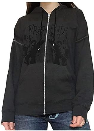 Generic Vestes pour femmes 2026 avec poche imprim&eacute;e, manches longues, fermeture &eacute;clair, sweat &agrave; capuche, surdimensionn&eacute;, manteau streetwear pour adolescentes 